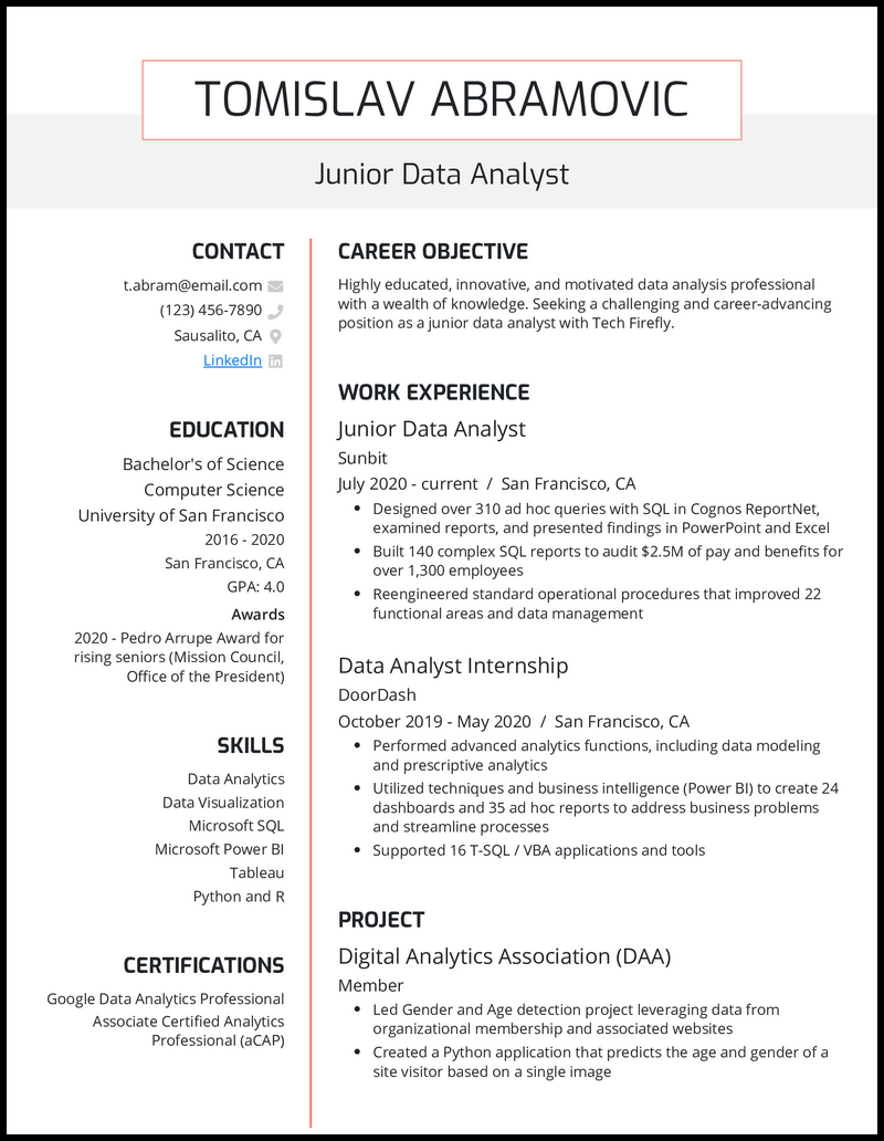 5 Junior Data Analyst Resume Examples for 2024
