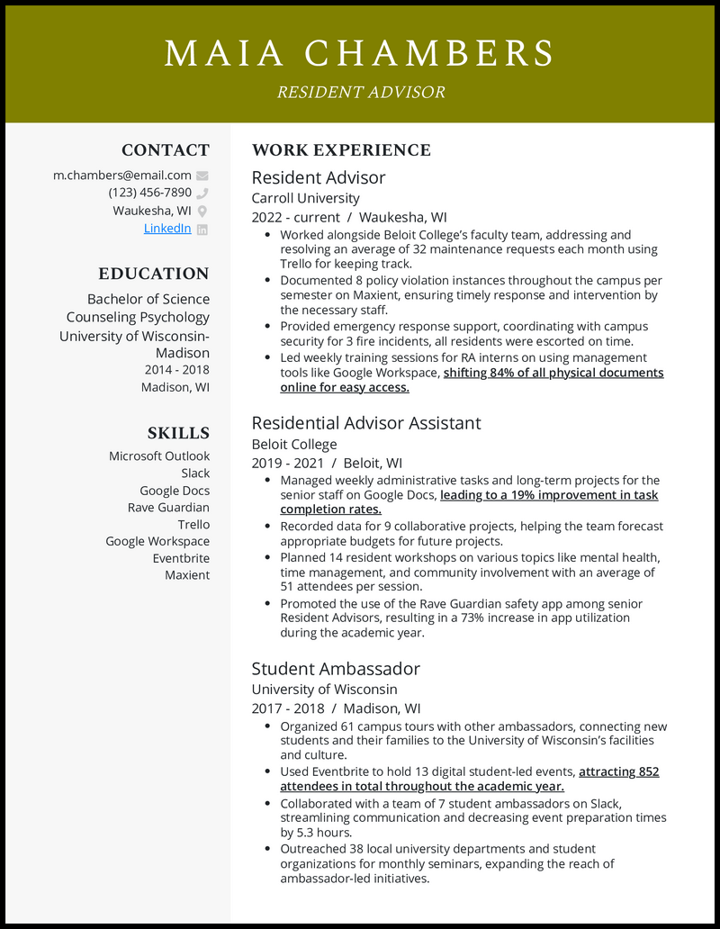 7 Resident Assistant (RA) Resume Examples Made for 2025