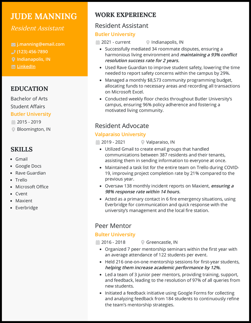 7 Resident Assistant (RA) Resume Examples Made for 2025