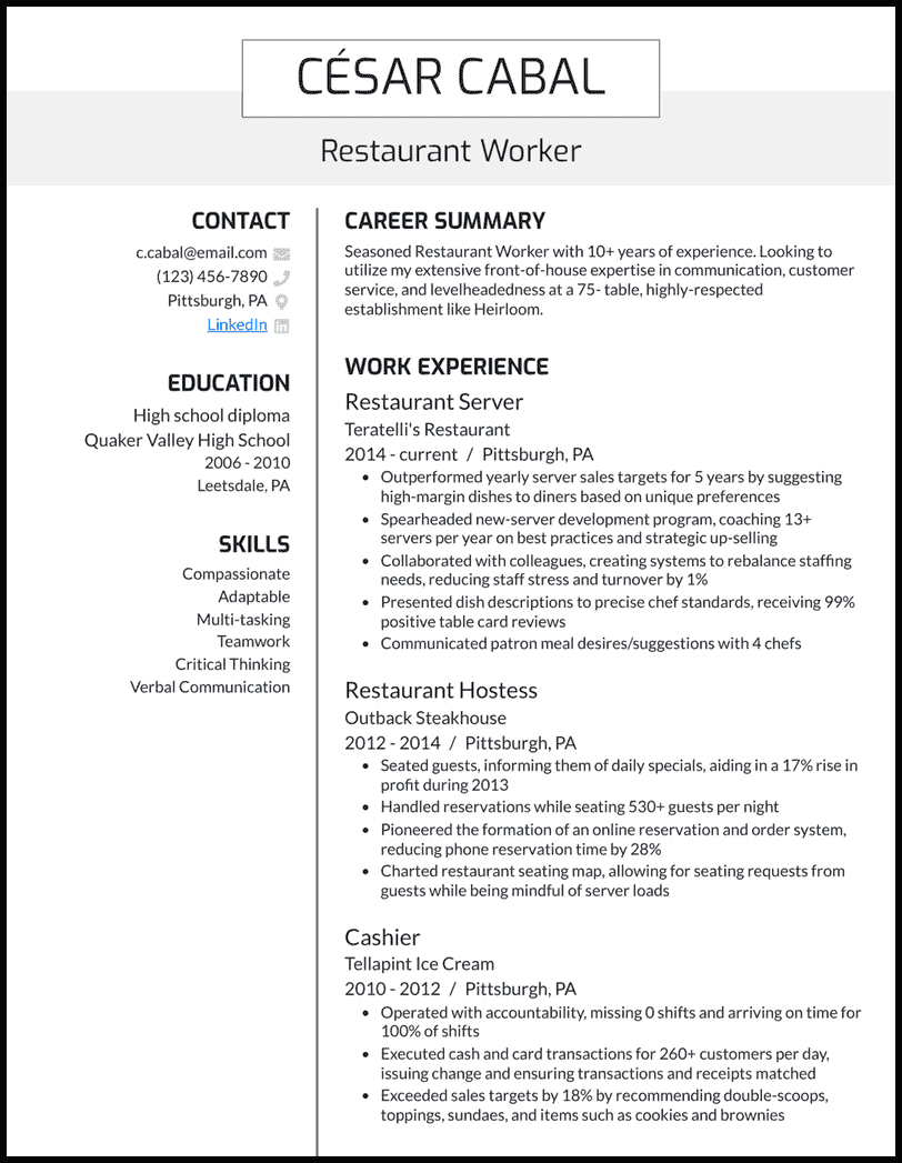 9 Restaurant Resume Examples That Worked in 2025