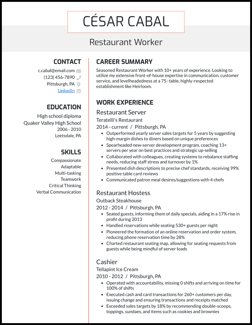 9 Restaurant Resume Examples That Worked in 2025
