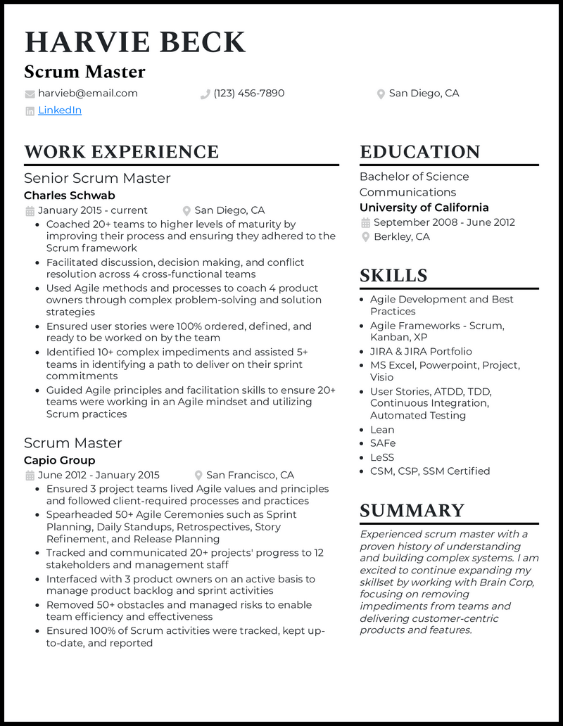 11 Scrum Master Resume Examples for 2024