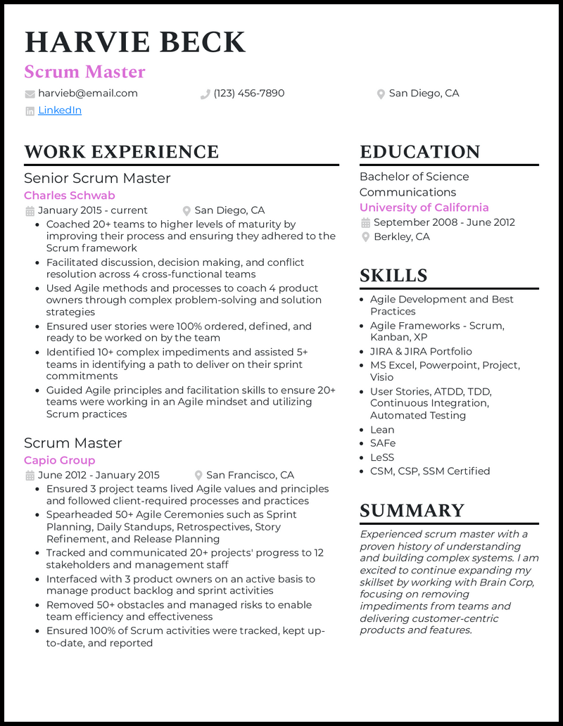 11 Scrum Master Resume Examples for 2024