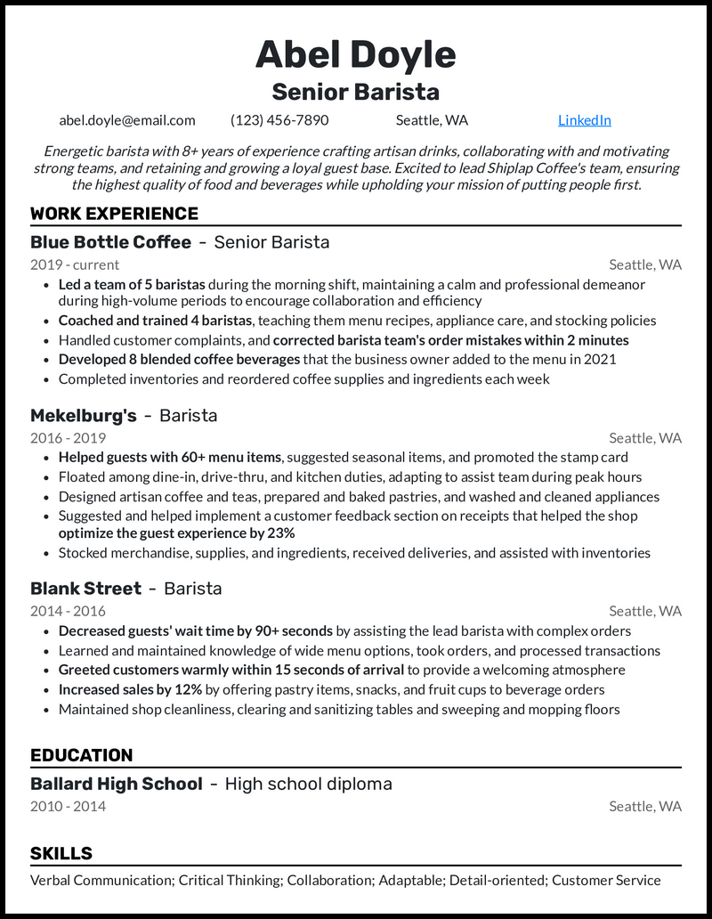 22 Barista Resume Examples [& Templates]