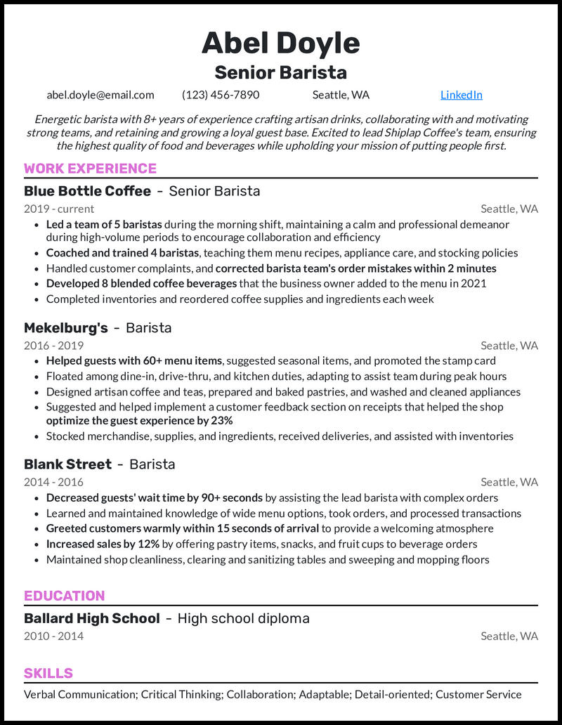 22 Barista Resume Examples [& Templates]