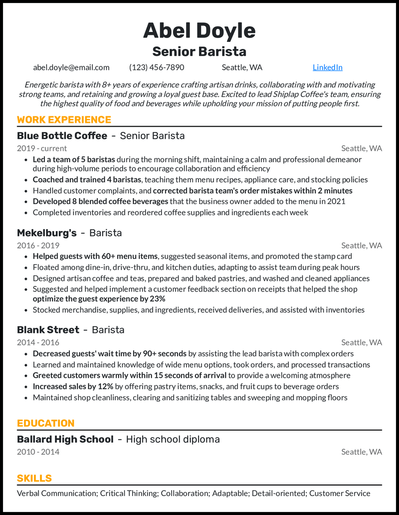 22 Barista Resume Examples [& Templates]