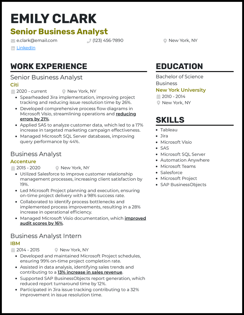5 Senior Business Analyst Resume Examples for 2024