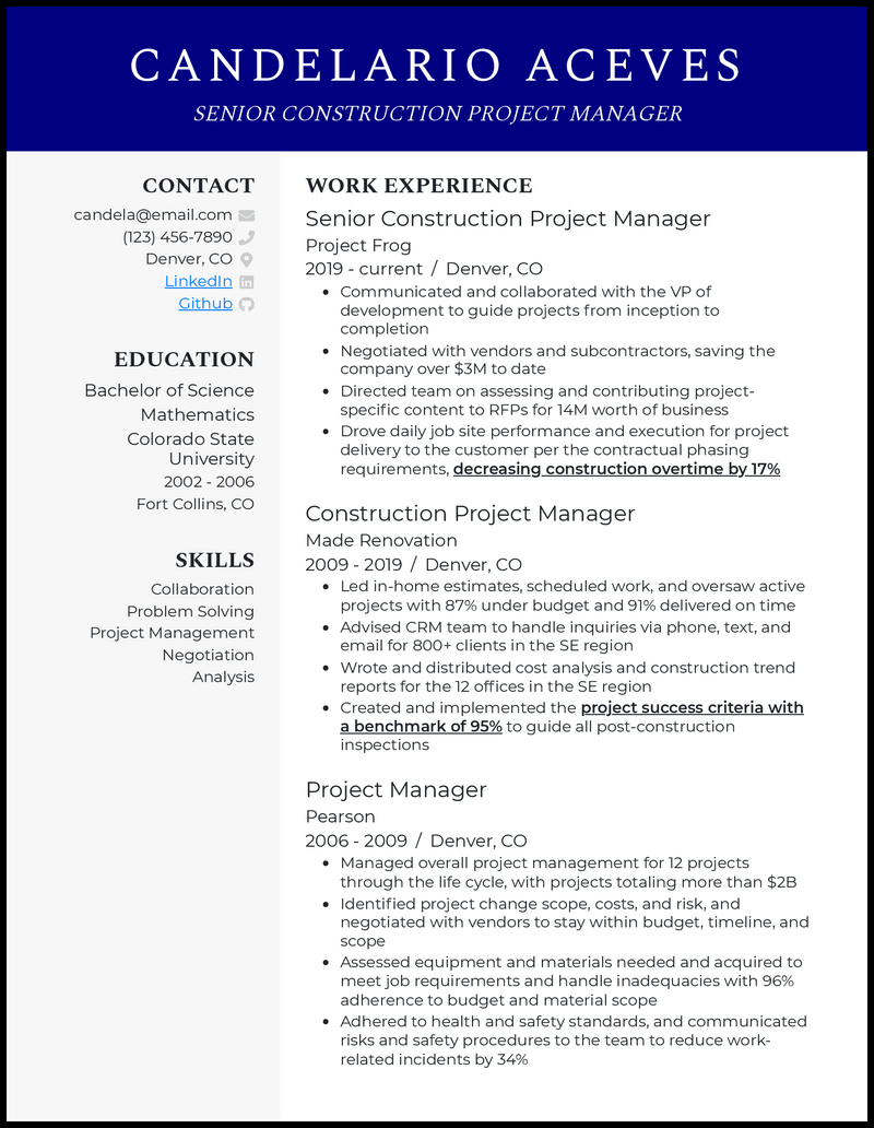 3 Senior Construction Project Manager Resume Templates Examples For 2025