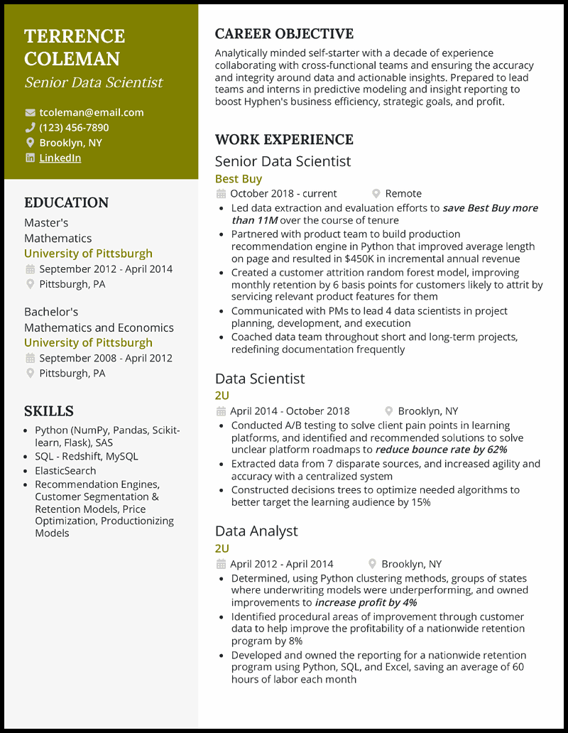 5 Senior Data Scientist Resume Examples Made for 2025