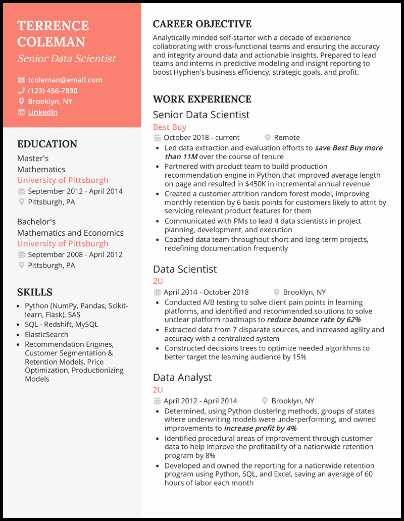 5 Senior Data Scientist Resume Examples Made for 2025