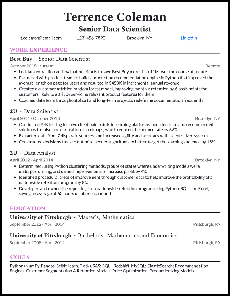 5 Senior Data Scientist Resume Examples Made for 2025