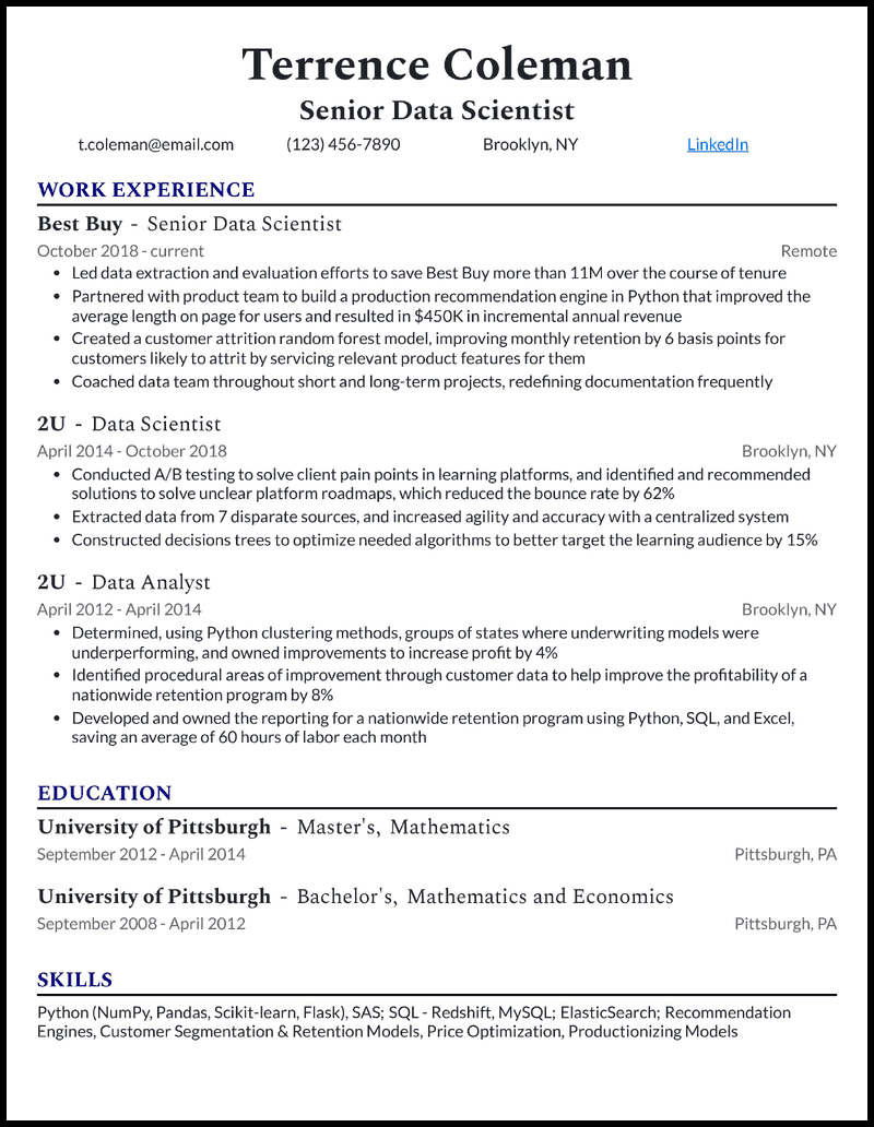 5 Senior Data Scientist Resume Examples Made for 2025