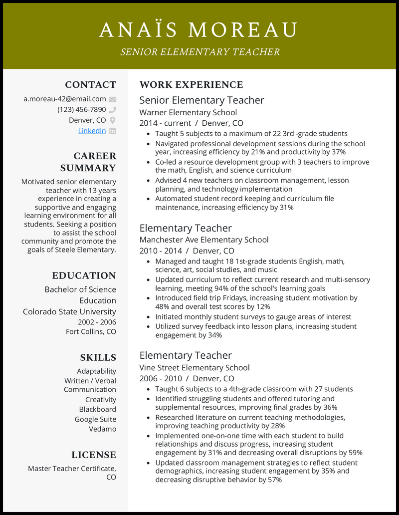9 Elementary Teacher Resume Examples Built for 2024