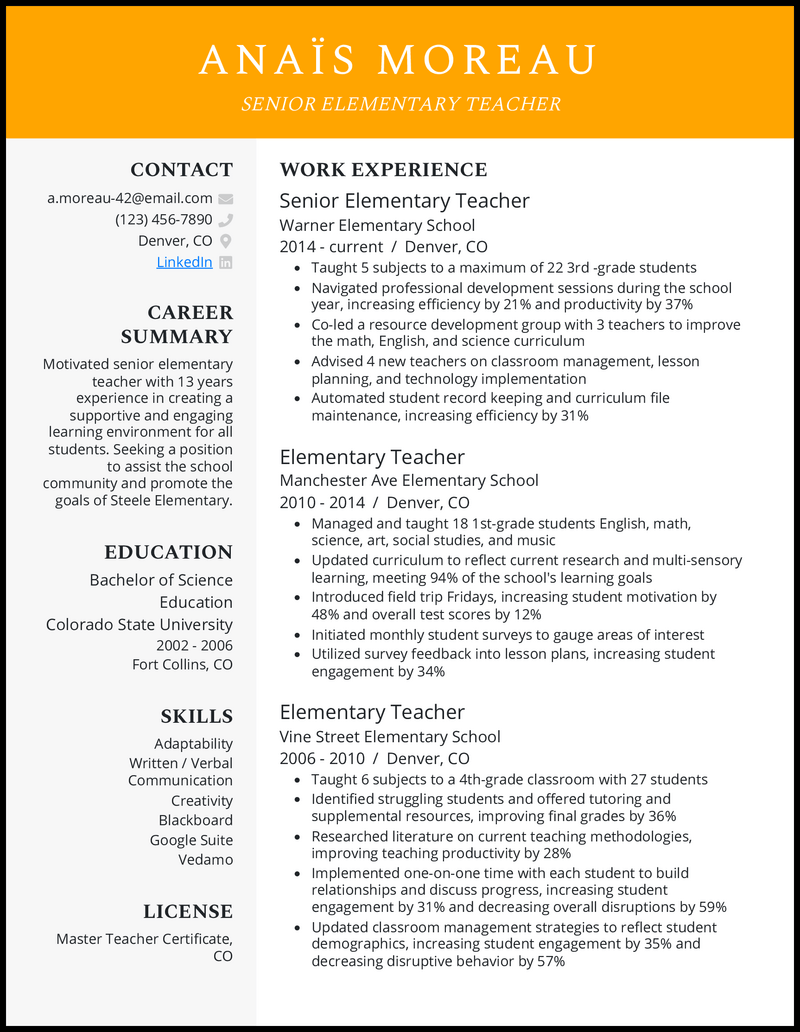 9 Elementary Teacher Resume Examples Built for 2024