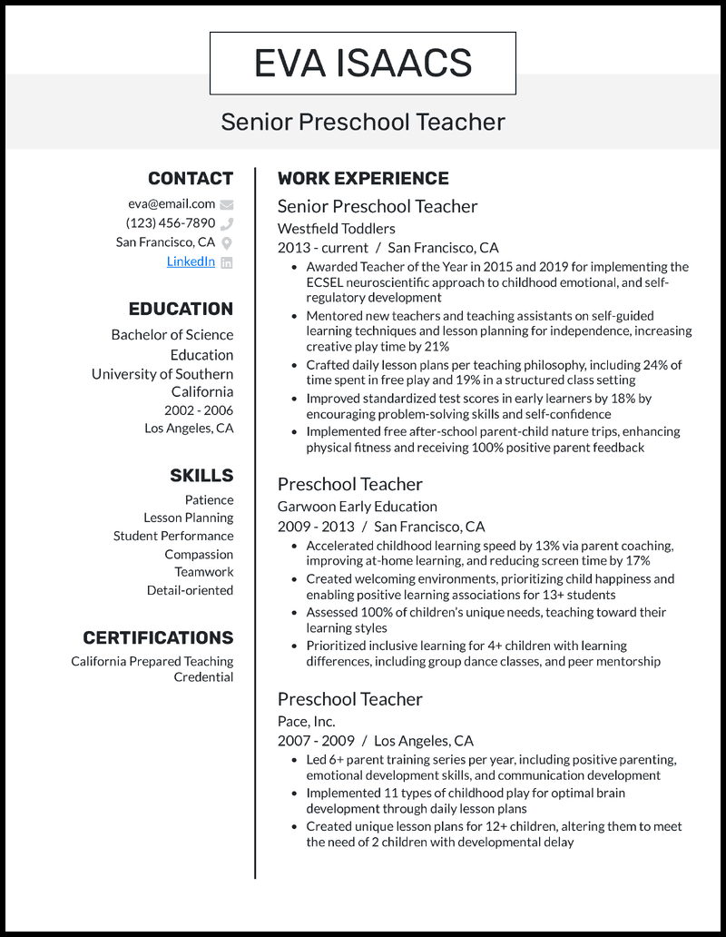 7 Preschool Teacher Resume Examples [& Templates]