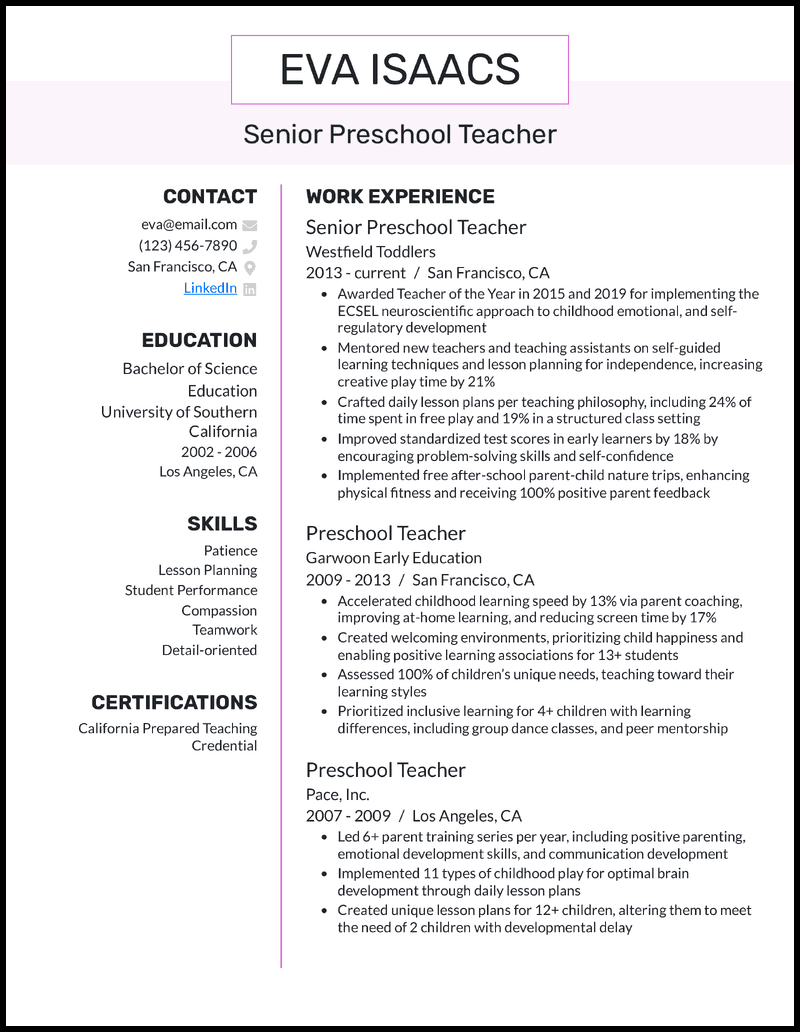 7 Preschool Teacher Resume Examples [& Templates]