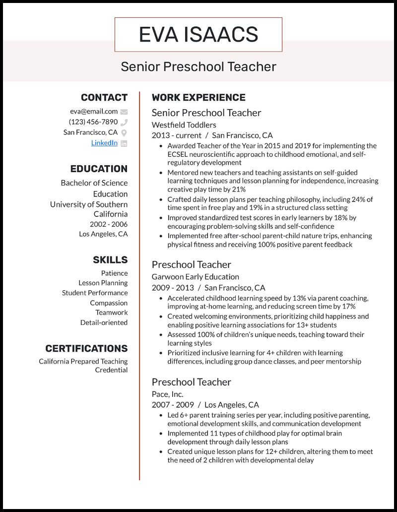 7 Preschool Teacher Resume Examples [& Templates]