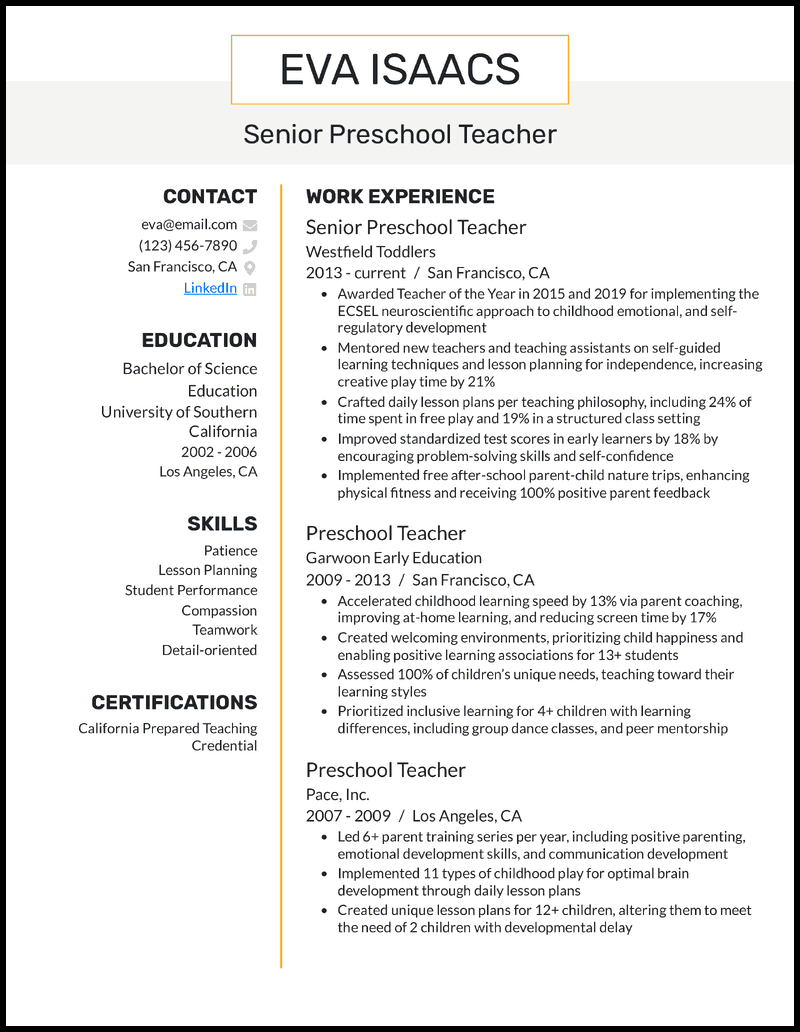 7 Preschool Teacher Resume Examples [& Templates]