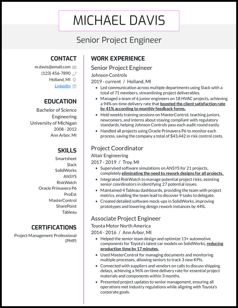 7 Project Engineer Resume Examples Designed for 2025