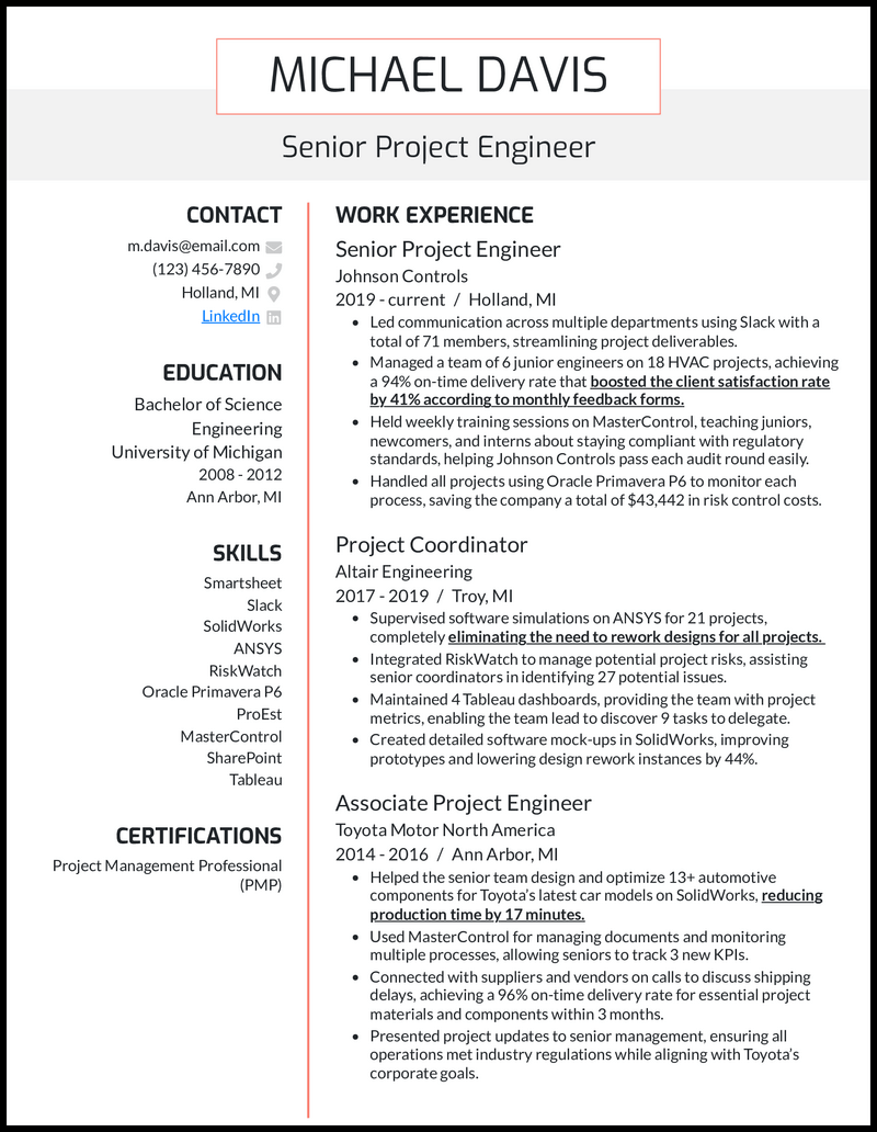 7 Project Engineer Resume Examples Designed for 2025