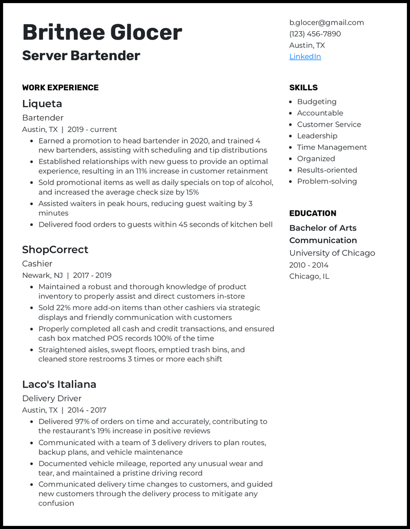 9 Bartender Resume Examples That Work in 2024