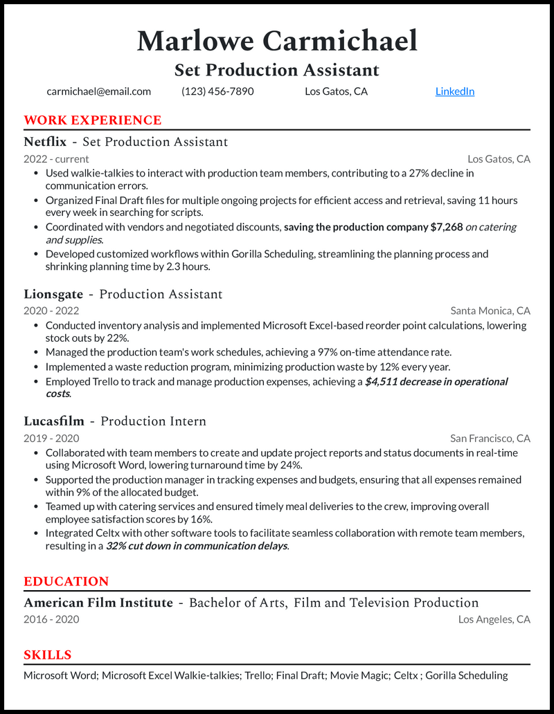 7 Production Assistant Resume Examples Created For 2025