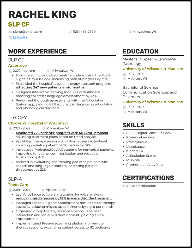 5 Speech Langauge Pathologist (SLP) Resume Examples for 2024