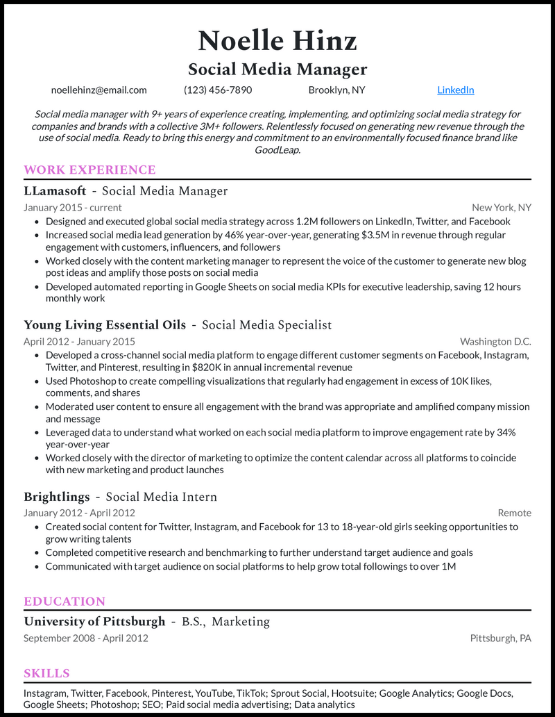 20 Social Media Manager Resume Examples for 2024