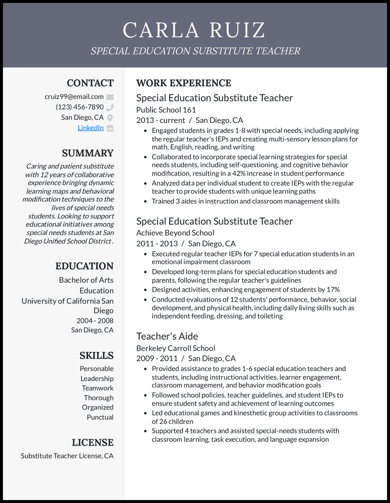 11 Substitute Teacher Resume Examples for 2025
