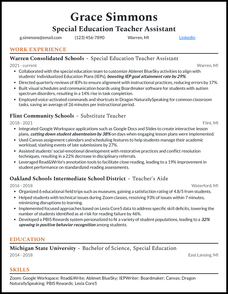 5 Special Education Teacher Assistant Resume Examples 5 Special Education Teacher Assistant Resume Examples