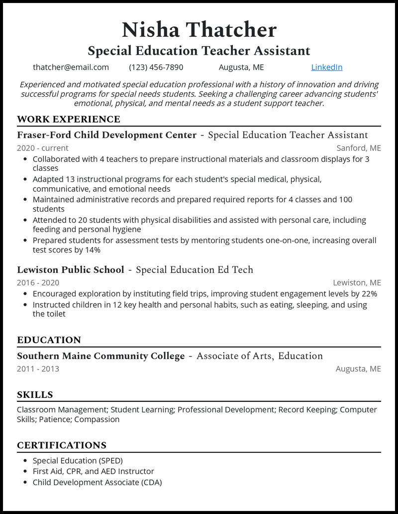 3 Special Education Teacher Assistant Resume Examples