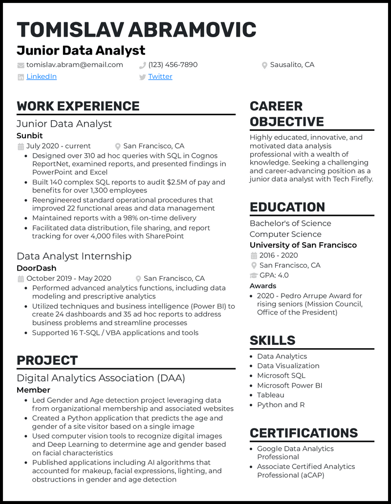 5 Junior Data Analyst Resume Examples for 2024