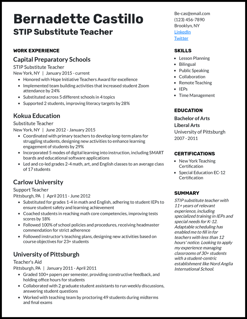 11 Substitute Teacher Resume Examples for 2025