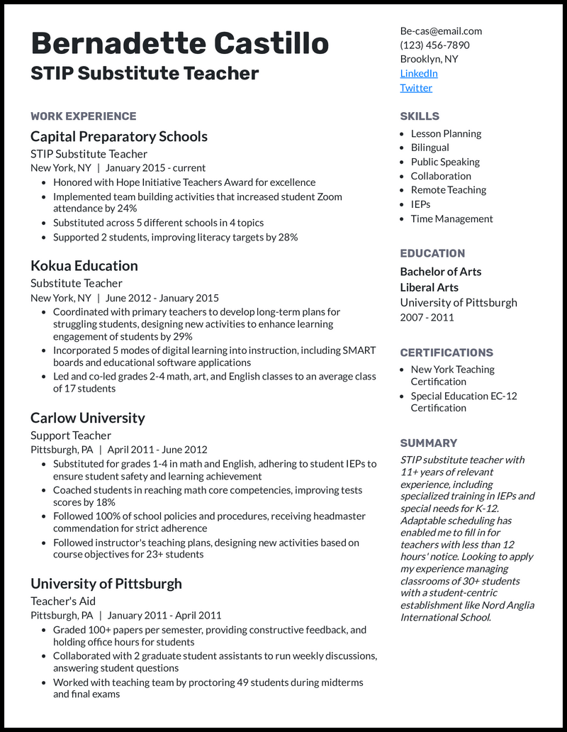 11 Substitute Teacher Resume Examples for 2025