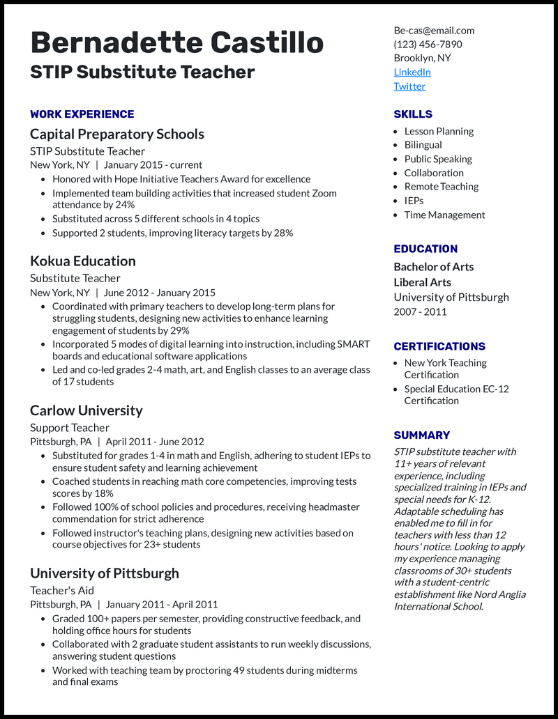 11 Substitute Teacher Resume Examples for 2025