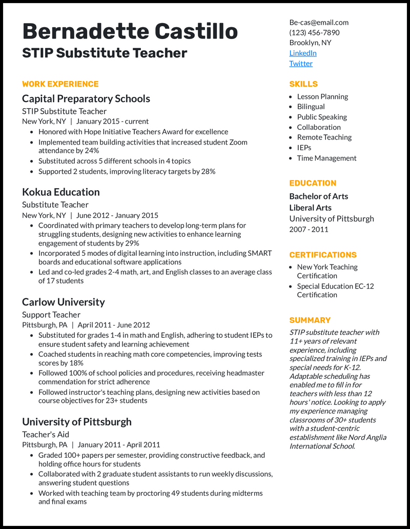 11 Substitute Teacher Resume Examples for 2025