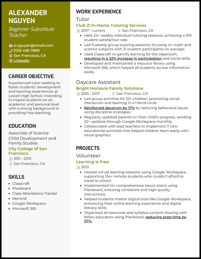 11 Substitute Teacher Resume Examples for 2025