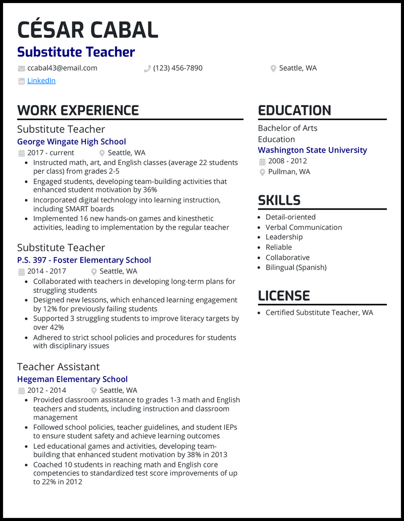 11 Substitute Teacher Resume Examples for 2025