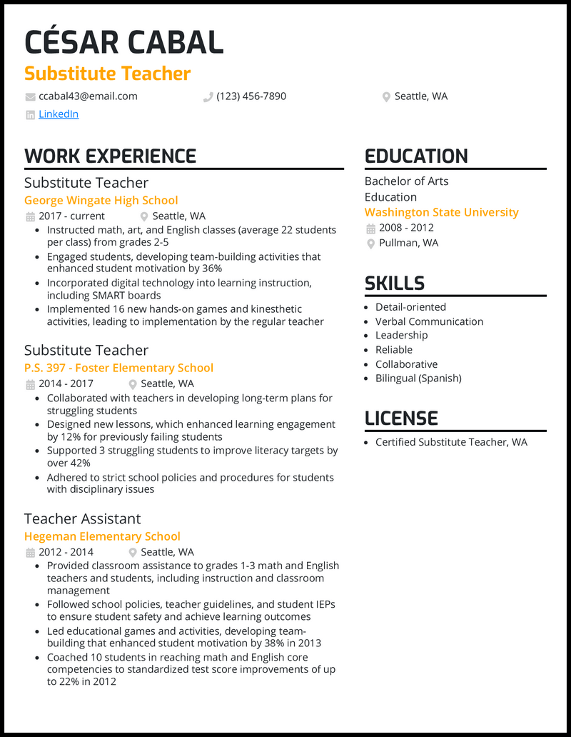 11 Substitute Teacher Resume Examples for 2025