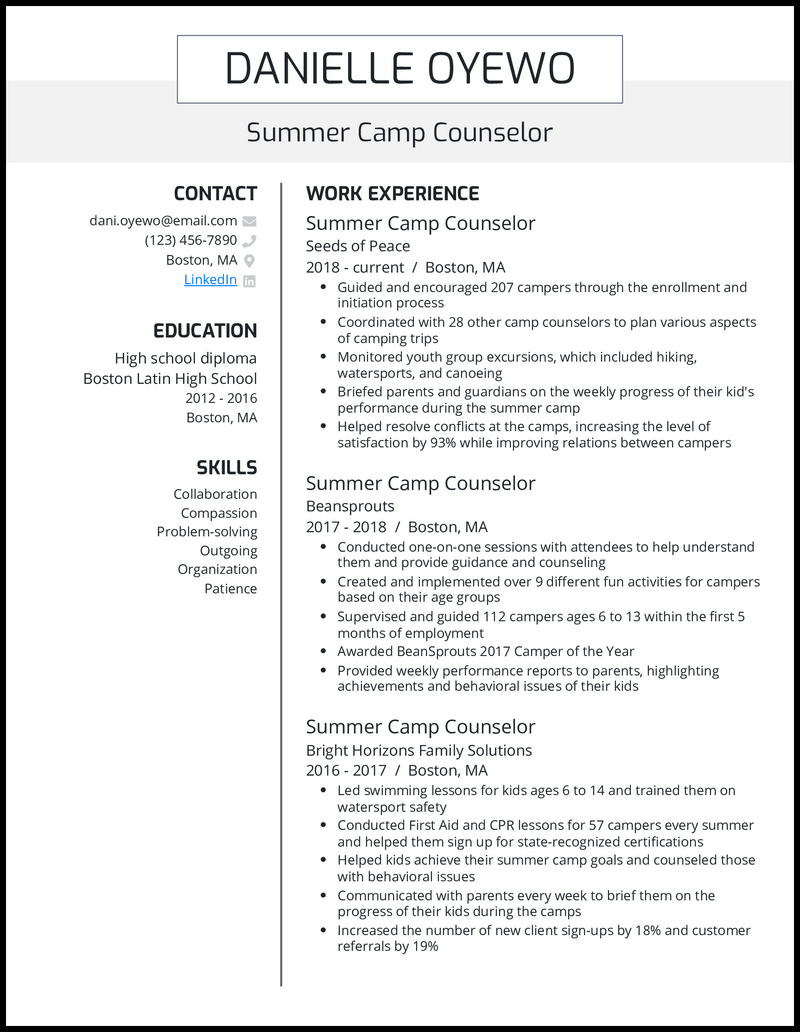 9 Camp Counselor Resume Examples, Templates, & Tips