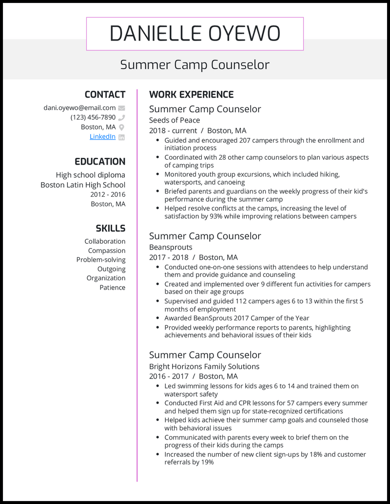 9 Camp Counselor Resume Examples, Templates, & Tips