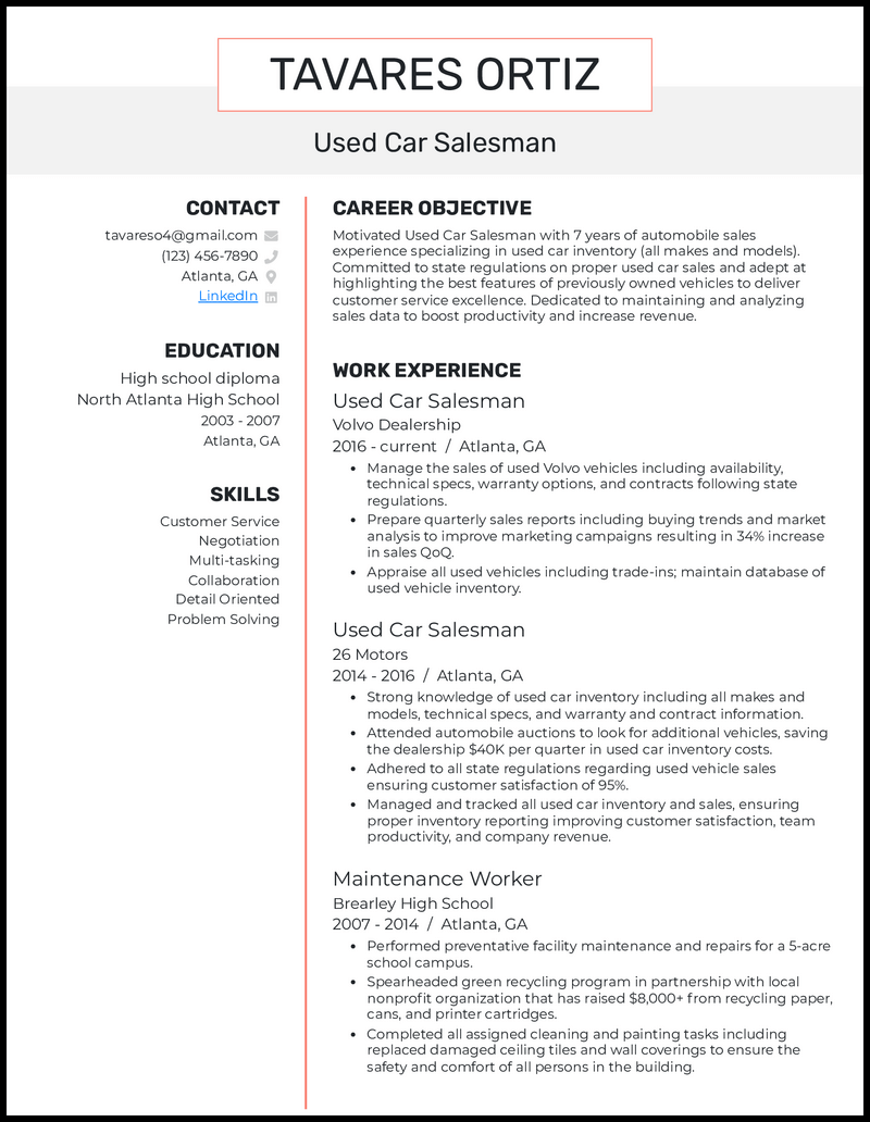 7 Car Salesman Resume Examples [& Templates]