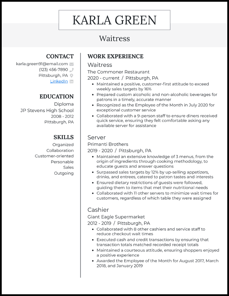 15 Waitress Resume Examples [& Templates]
