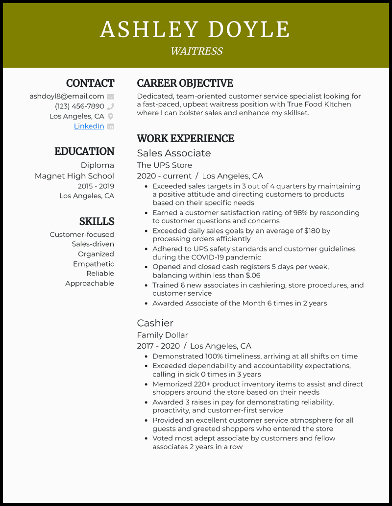 15 Waitress Resume Examples [& Templates]