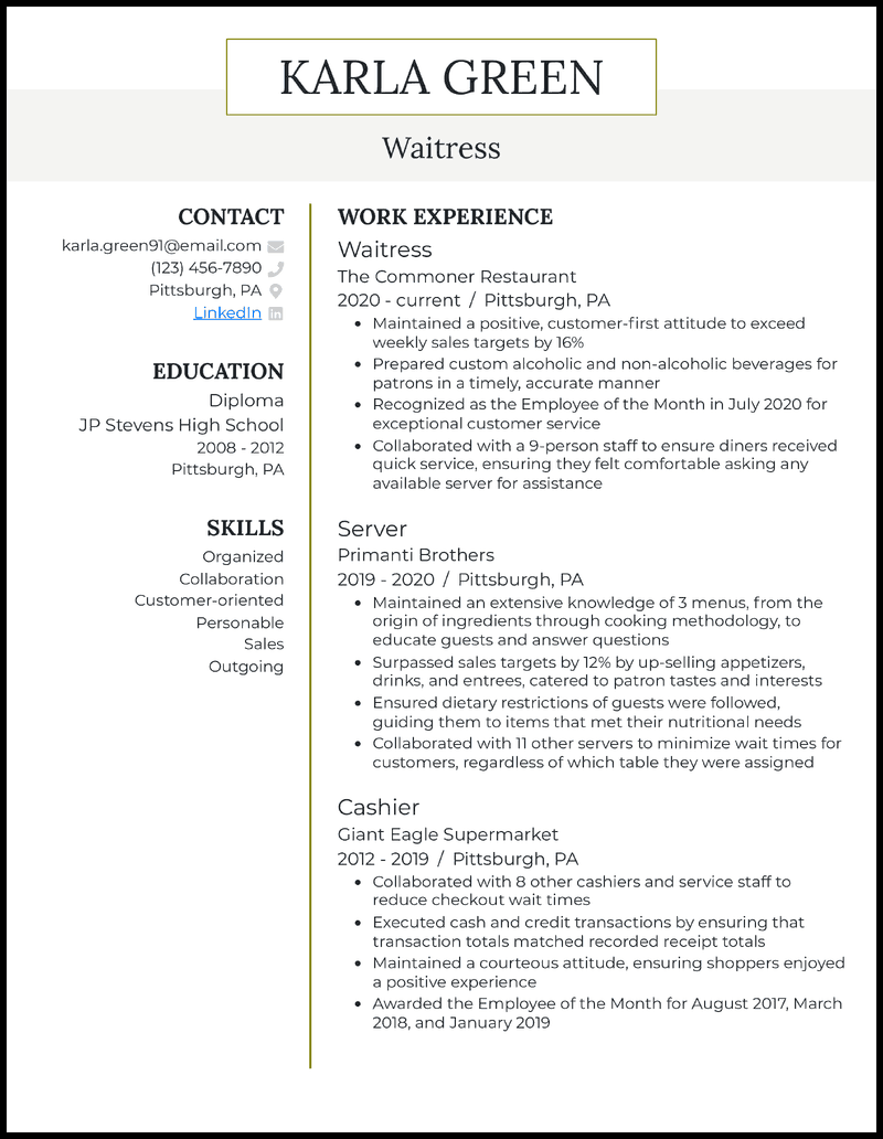 15 Waitress Resume Examples [& Templates]