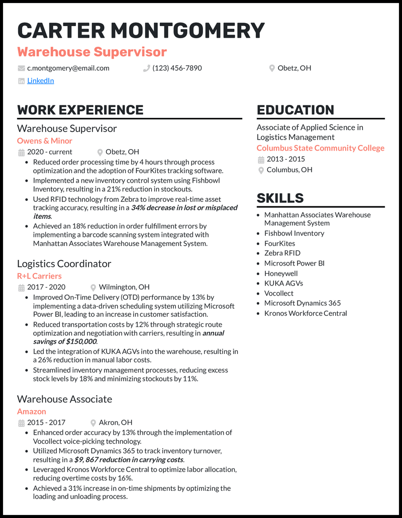 5 Warehouse Supervisor Resume Examples Built for 2025