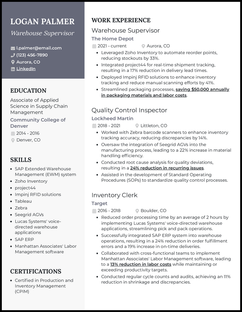 5 Warehouse Supervisor Resume Examples Built for 2025