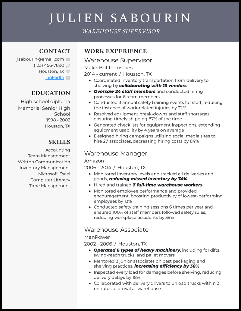 5 Warehouse Supervisor Resume Examples Built for 2025