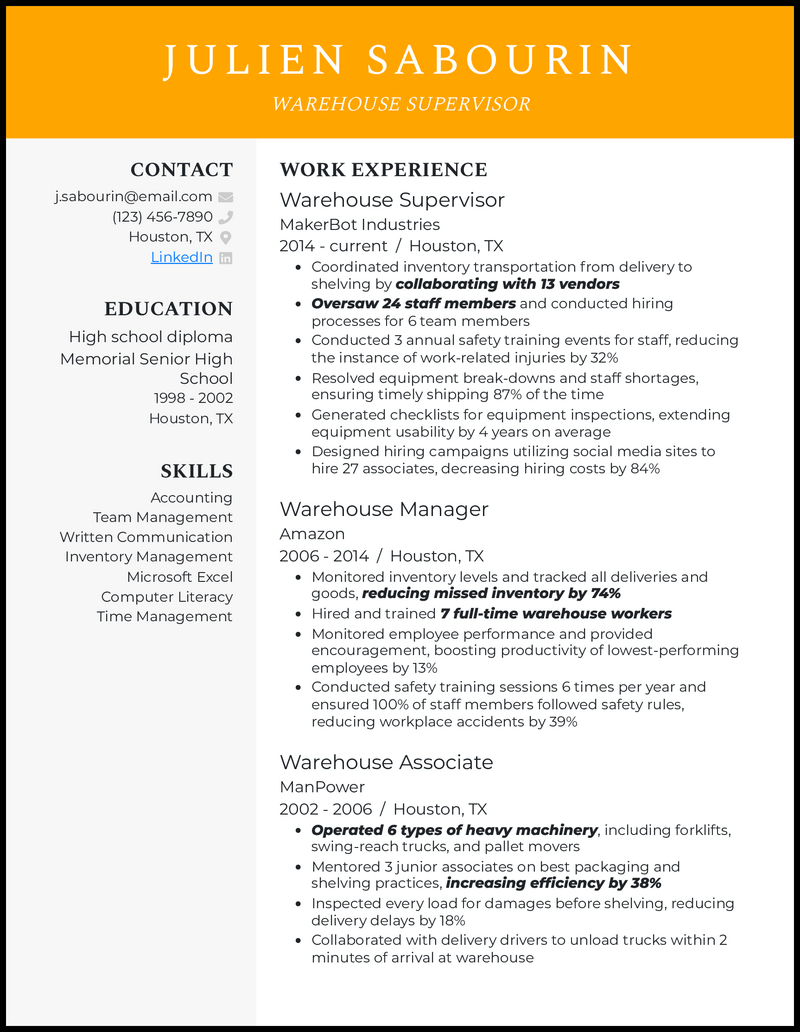 5 Warehouse Supervisor Resume Examples Built for 2025